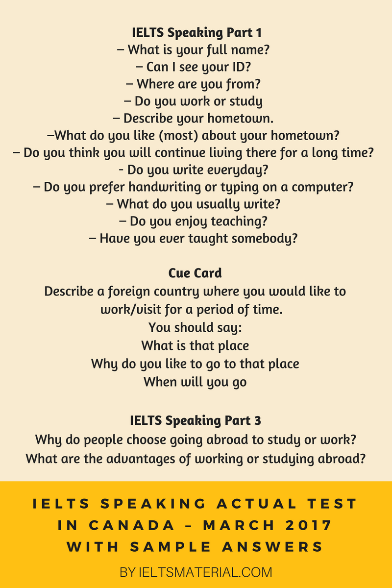 IELTS Speaking Actual Test In Canada March 2017 With Sample Answers