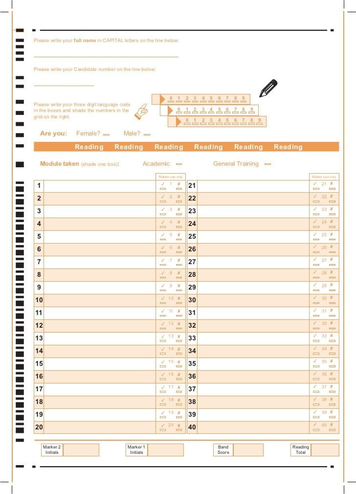 IELTS Reading Answer Sheet