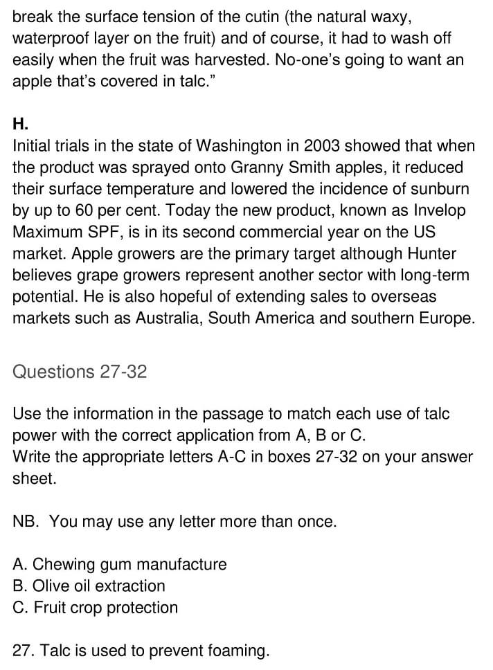 IELTS Academic Reading ‘Talc Powder’ Answers | IELTSMaterial.com